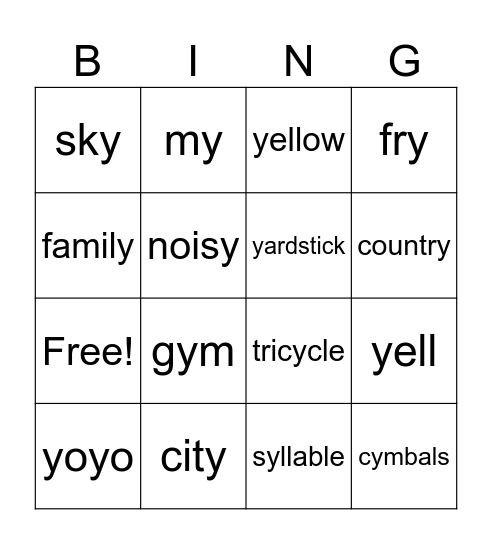 Y Sounds Words Bingo Card