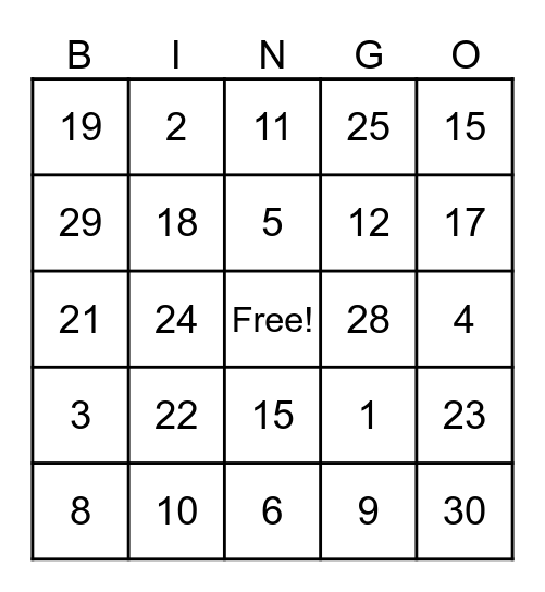 Family Fun Night Bingo Card