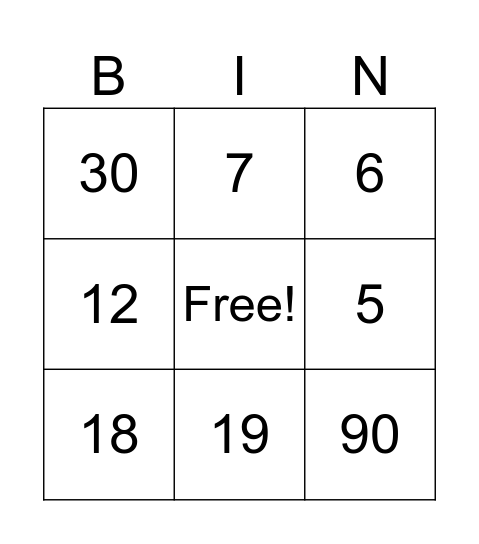 Numbers 1-100 Bingo Card