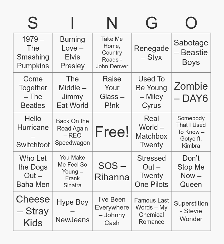 Singo Game #1 Bingo Card