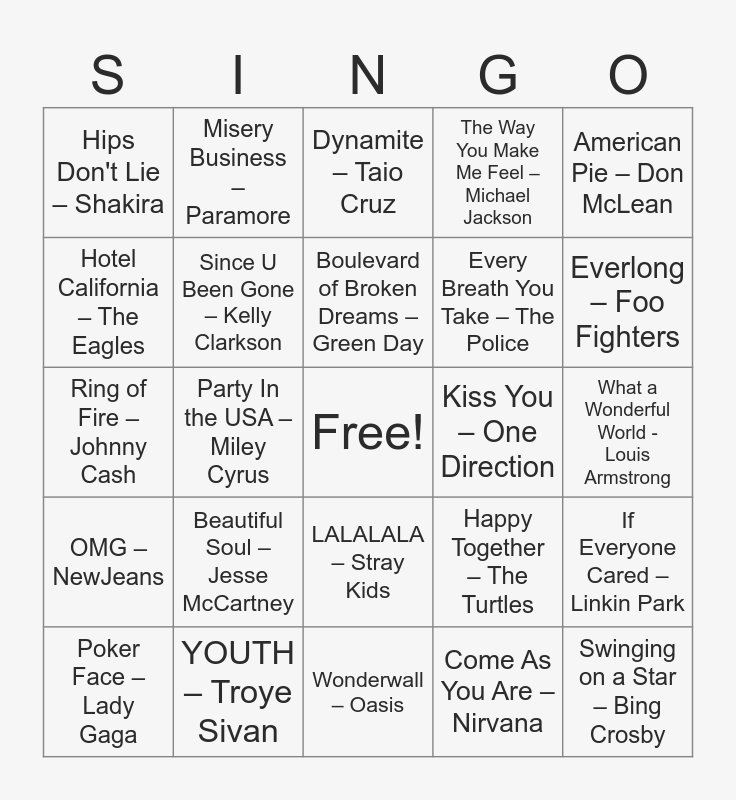 Singo Game #2 Bingo Card
