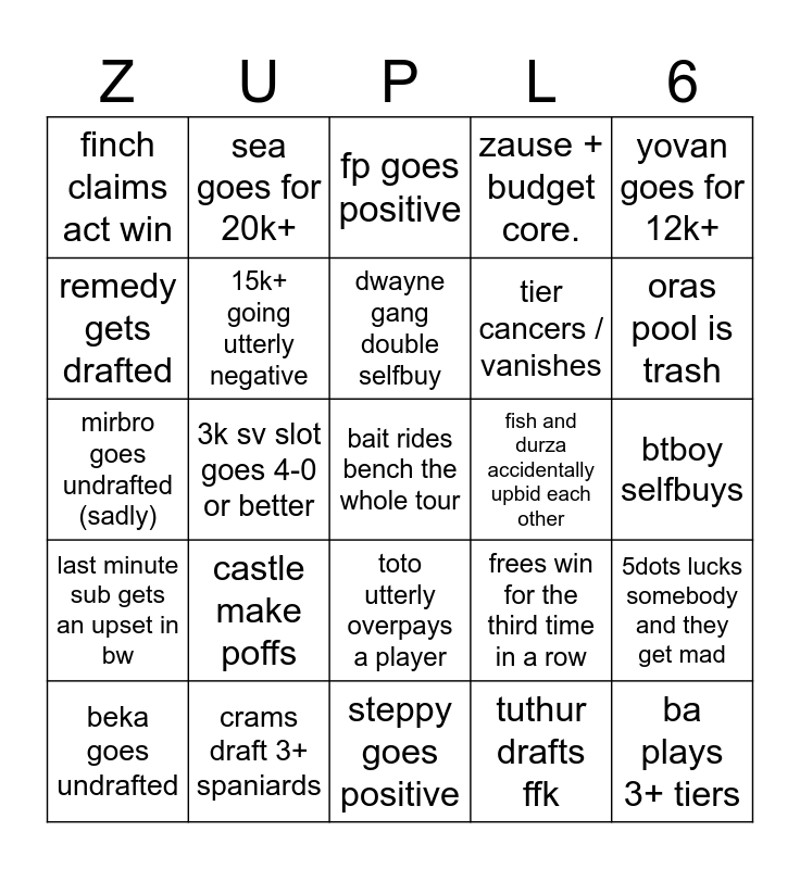 ZUPL VI bingo Card