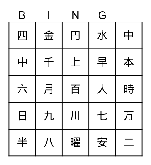 Japanese Kanji Bingo Card