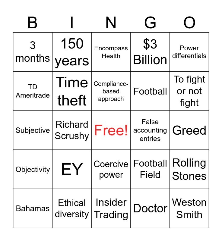Ethics Bingo Card