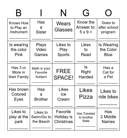 "Get to Know Me" Bingo Card