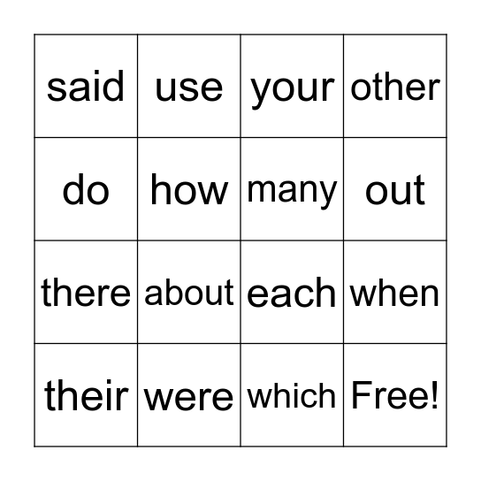 FRY WORDS Bingo Card