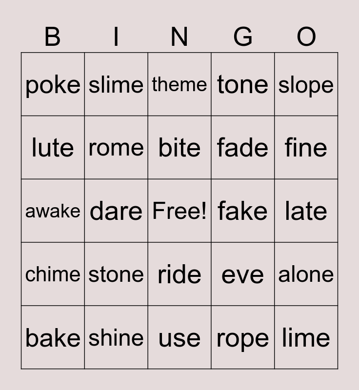 Silent e Bingo Card