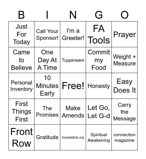 FA Fellowship Day Bingo Card
