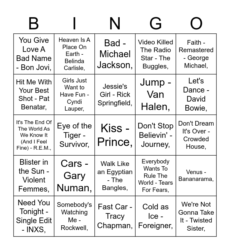 DJ Jakesy Hustle's 80's bingo Card