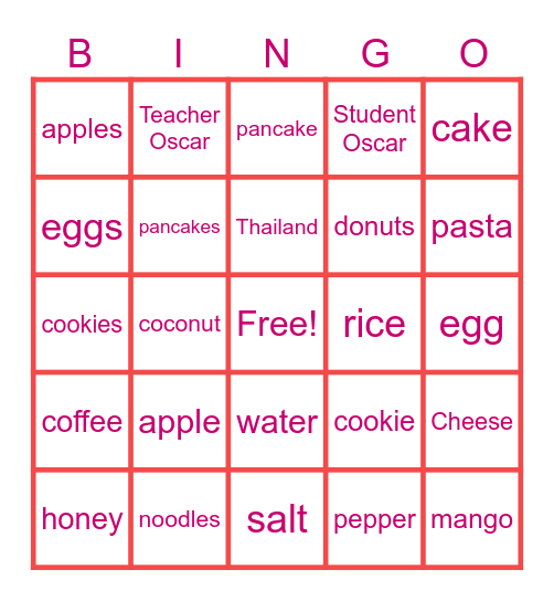 Food, countable and uncountable Bingo Card