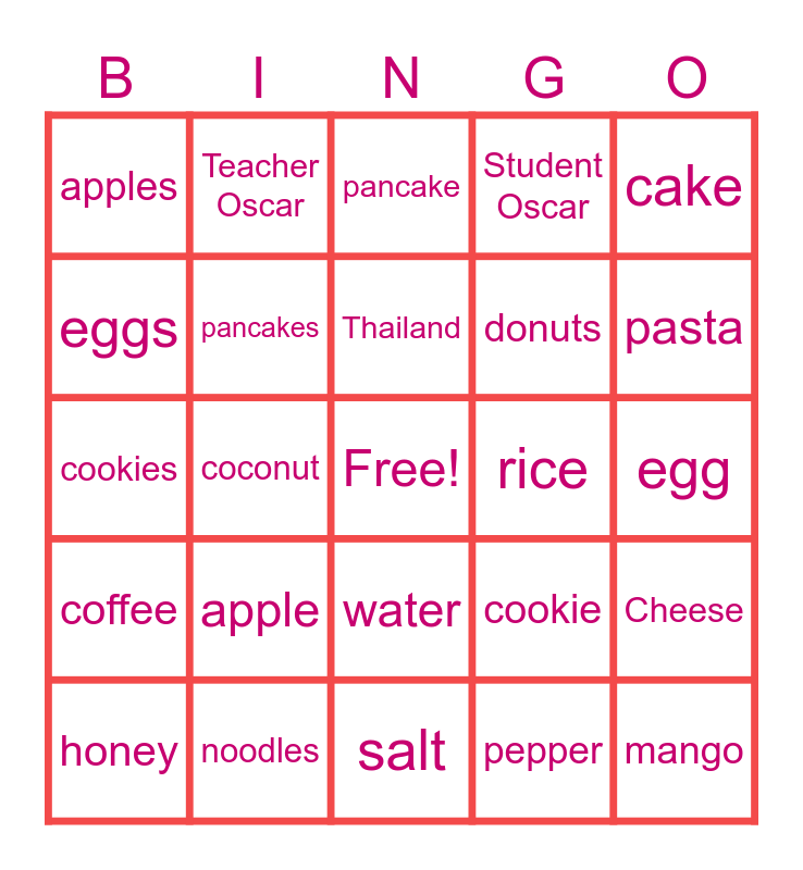 Food, countable and uncountable Bingo Card