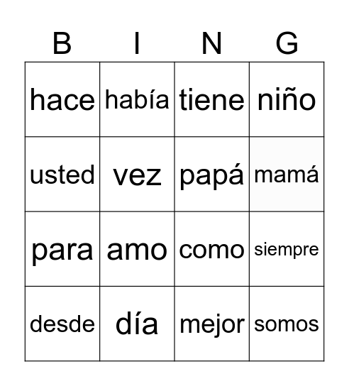 Spanish words Bingo Card
