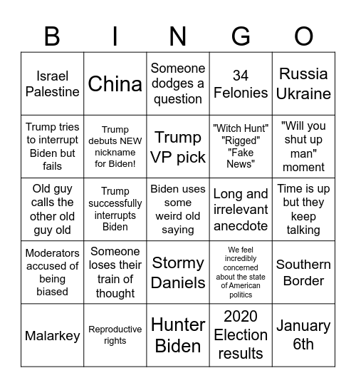Presidential Debate Bingo Card