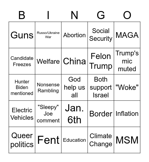 Presidential Debate Bingo Card