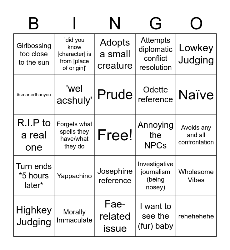 Amelia Bingo Card