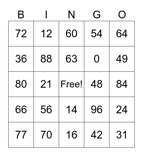 6s, 7s, and 8s Multiplication Bingo Card
