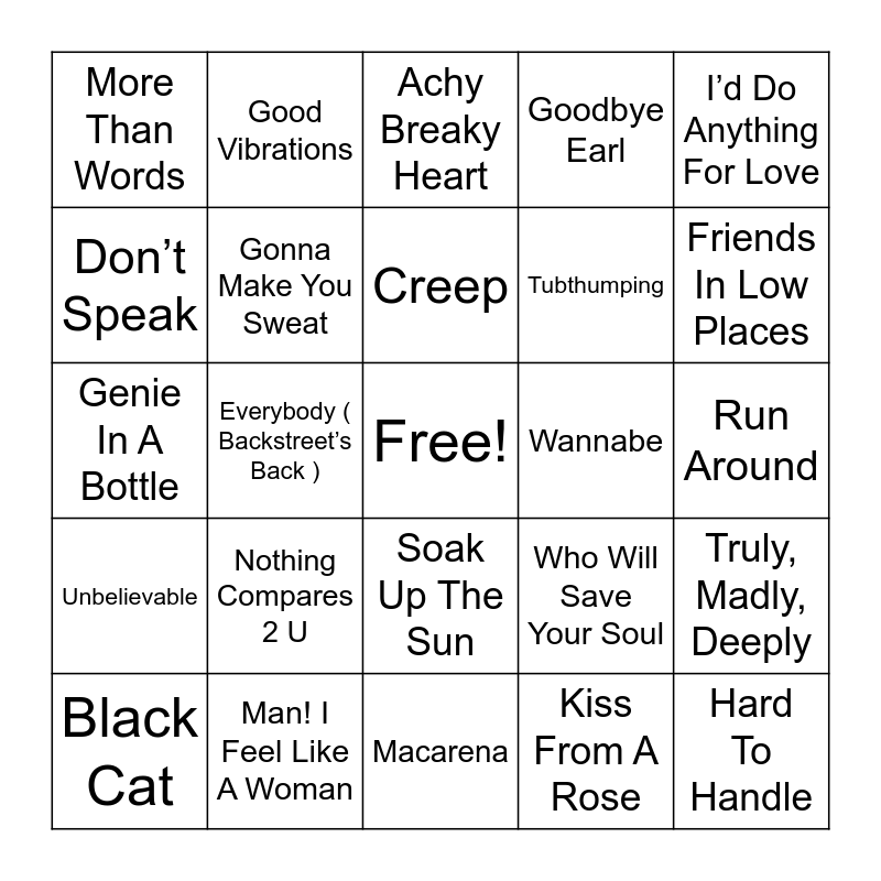 DJ Richard's Music Bingo - 90's Mix Bingo Card