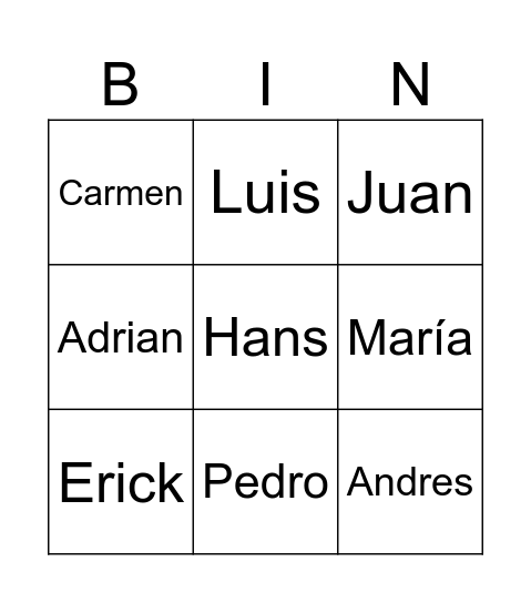 Nombres Bingo Card