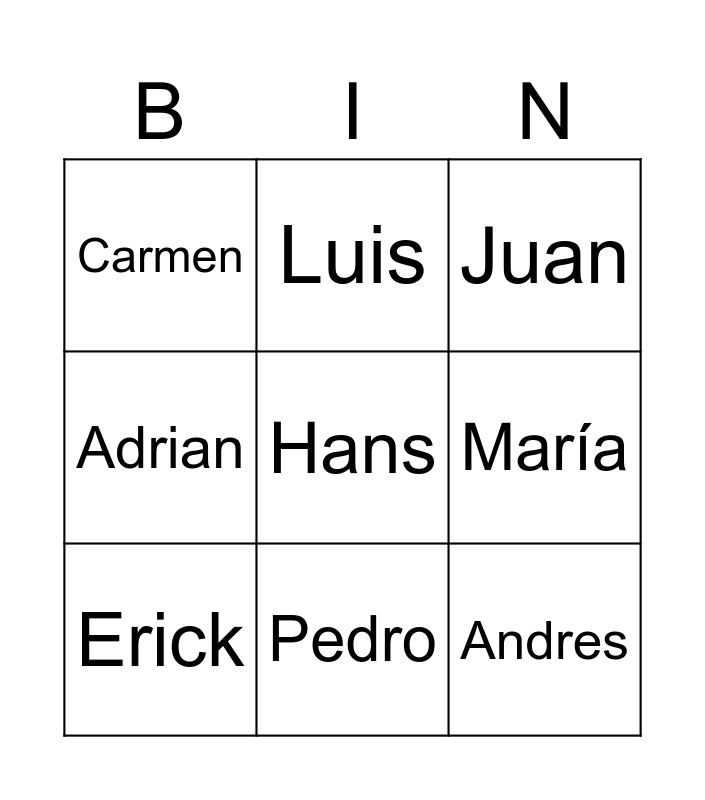 Nombres Bingo Card