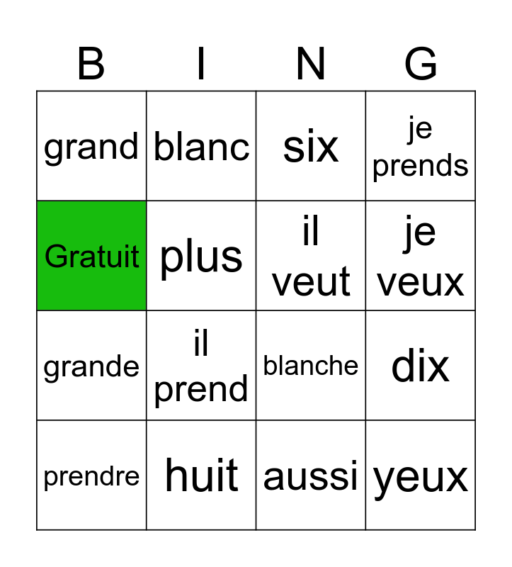 BINGO des mots fréquents Bingo Card