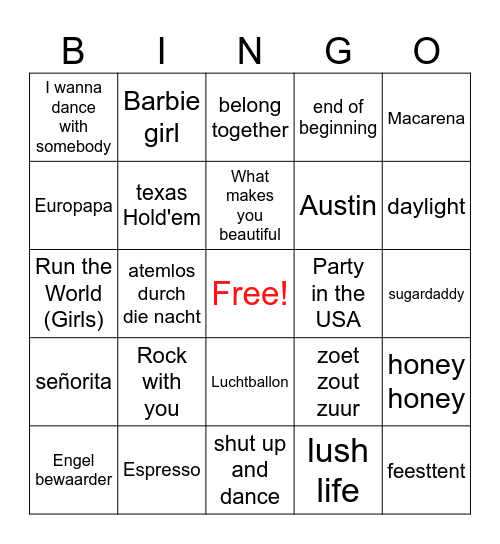 Summer Music Bingo Card