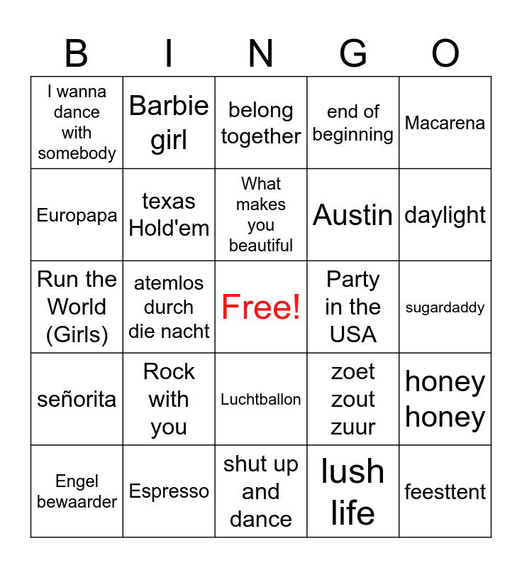 Summer Music Bingo Card