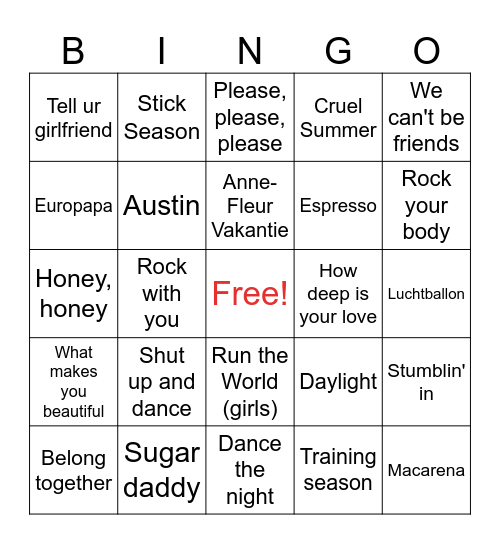 Summer Music Bingo Card