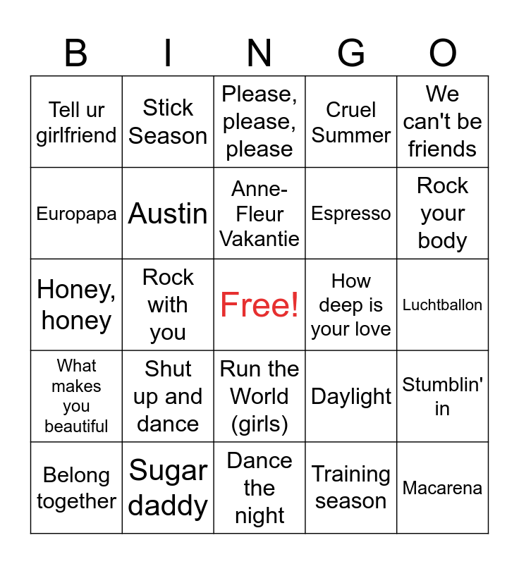 Summer Music Bingo Card