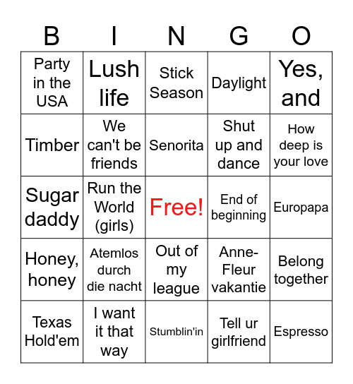 Summer Music Bingo Card