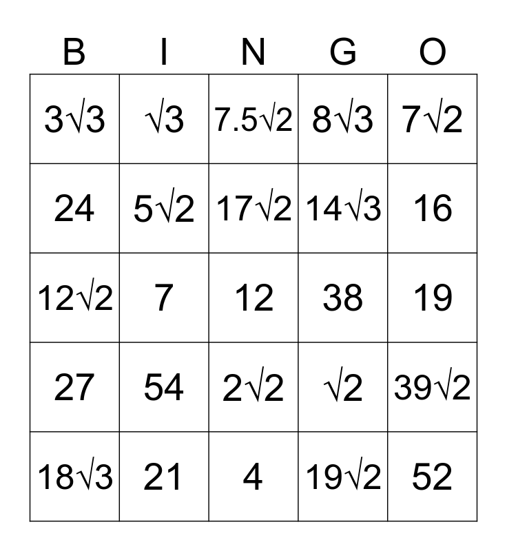 Special Right Triangles (solve for x) Bingo Card