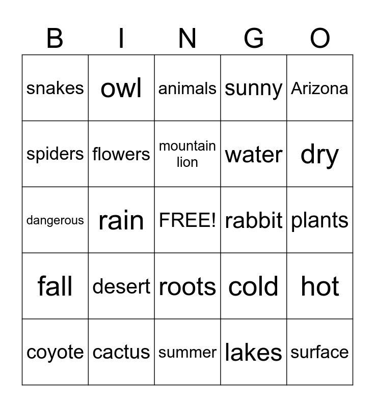 The Desert Bingo Card