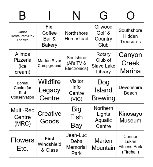 Slave Lake BINGO Card