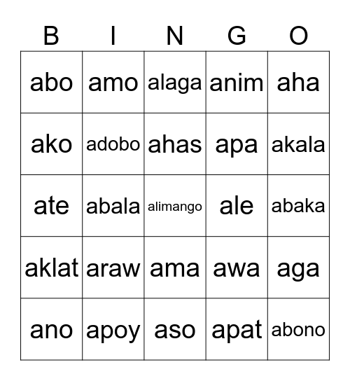 Letrang Aa Bingo Card