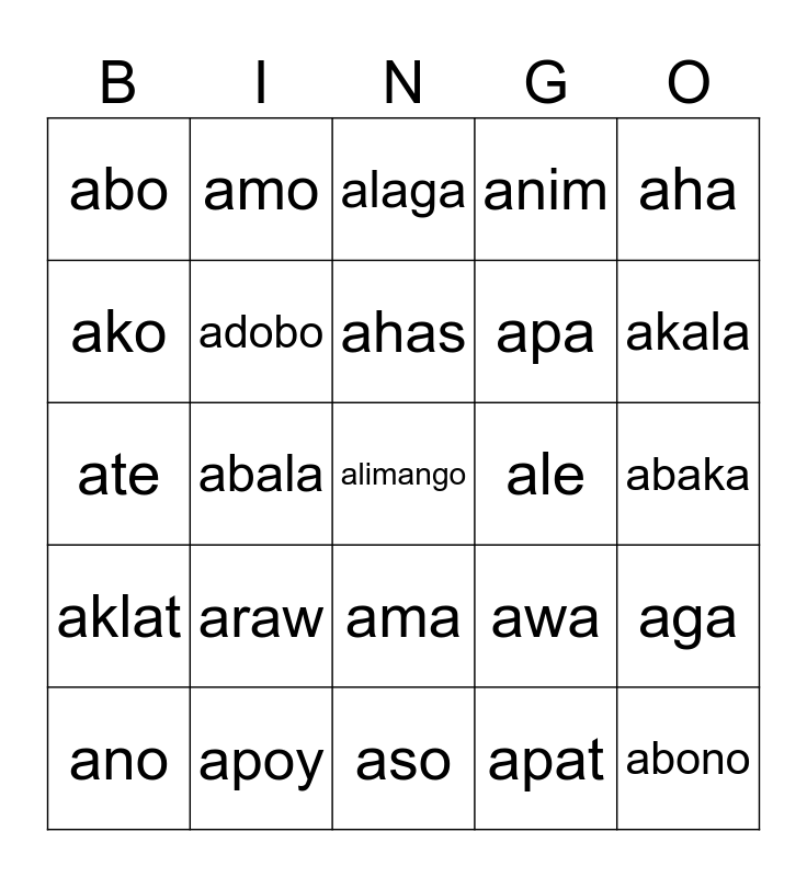 Letrang Aa Bingo Card