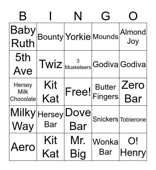 Chocolate Bar Bingo Card Chocolate Bar Bingo Card