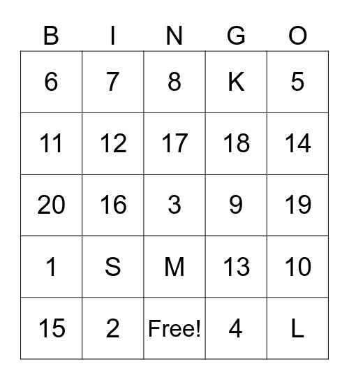 Numbers Bingo Card