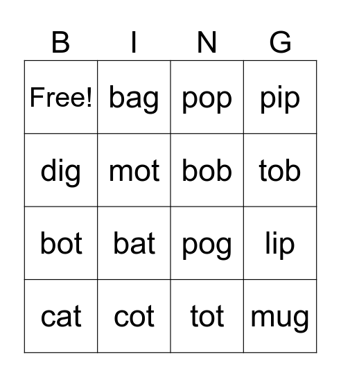 cvc words Bingo Card