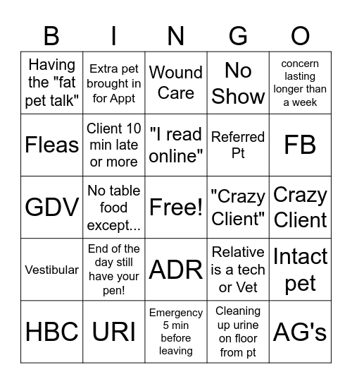 Vet Tech Bingo! Bingo Card