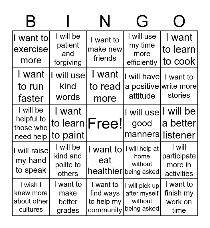 Goal Setting Bingo Card