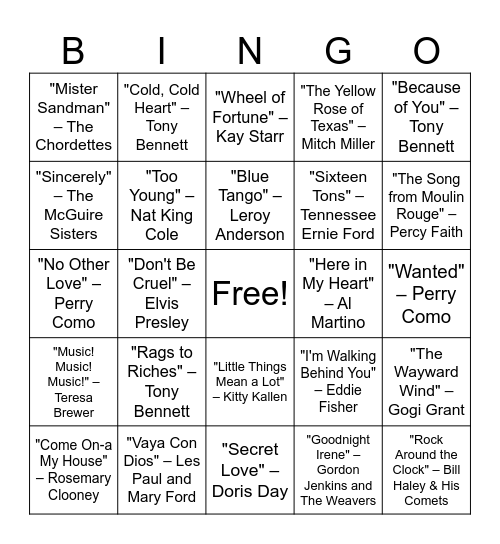 50s Hits Bingo Card