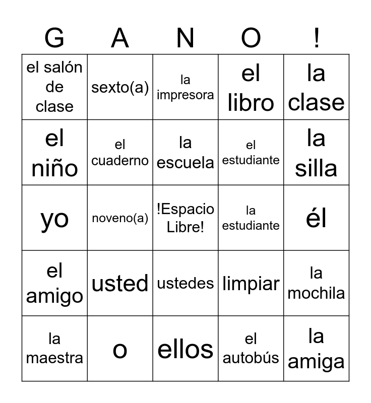 Spanish 1 Unit 1 Bingo Card