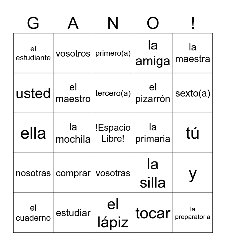 Spanish 1 Unit 1 Bingo Card
