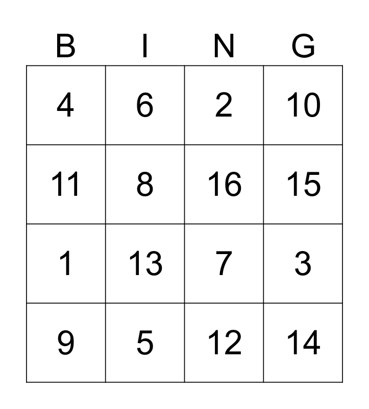 Untitled Bingo 1-16 Bingo Card