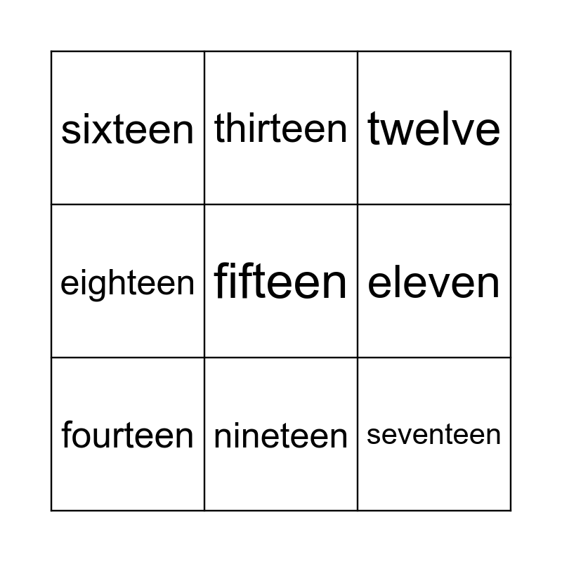 eleven-nineteen Bingo Card