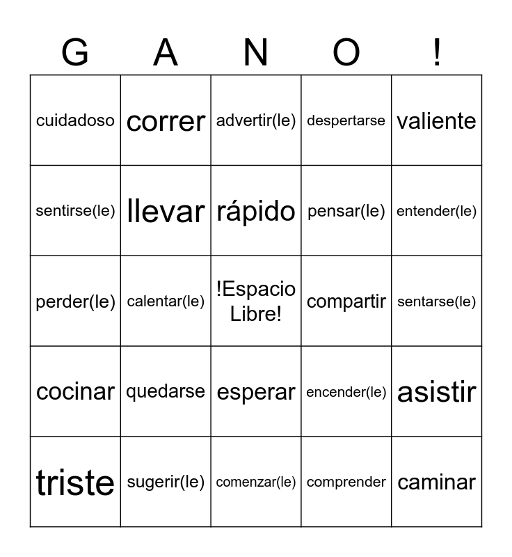Spanish 2 Unit 2 Bingo Card