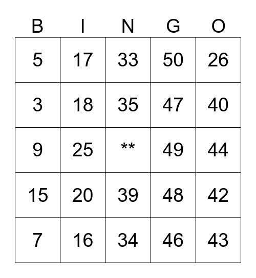 Classic Bingo 1-50 Bingo Card