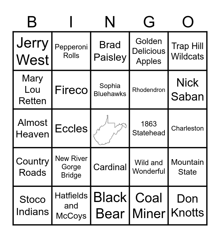 West Virginia Bingo Card