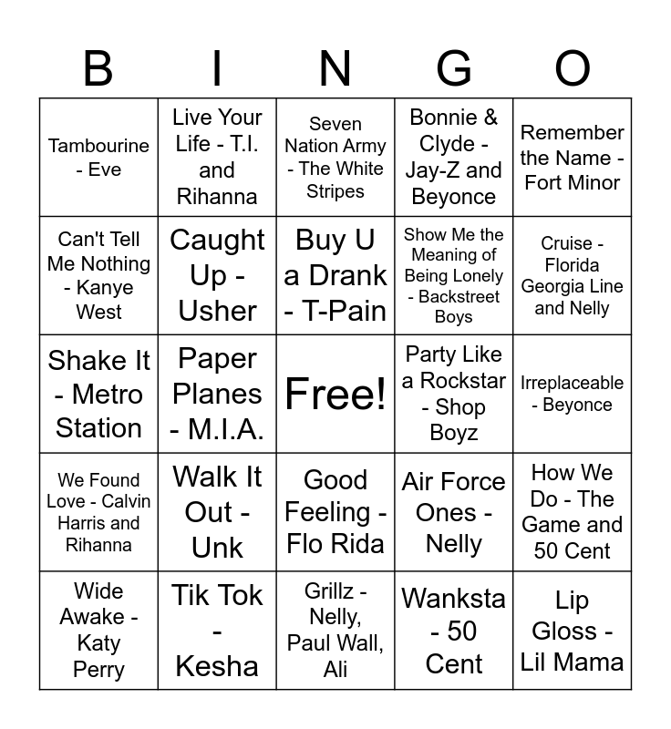 2000's Music Bingo Round #4 Bingo Card