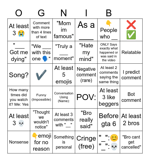 YouTube Shorts Comments Bingo Card