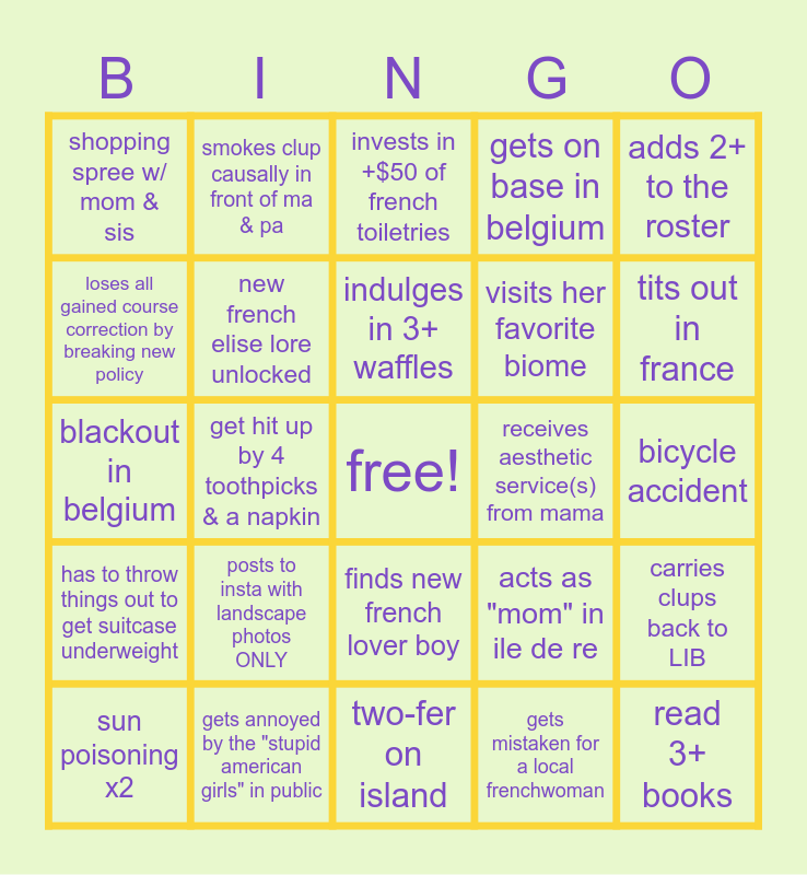 Sophi's Summer Holiday Bingo Card